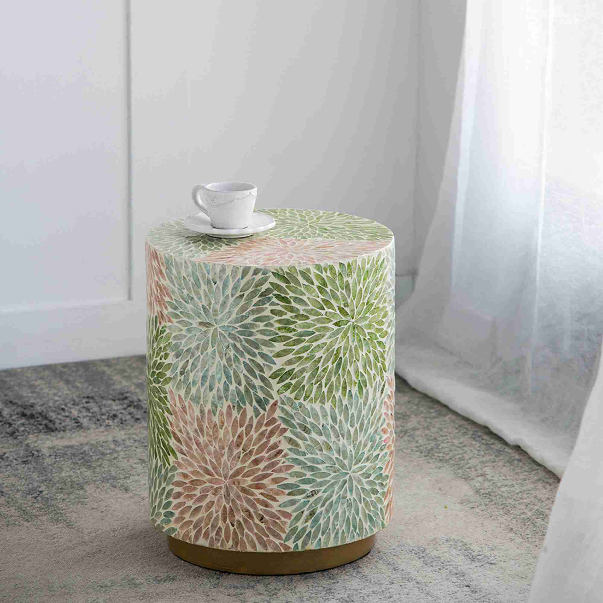 Dakota Fields D14x18" Cylindrical Garden Capiz Stool, Accent Side Table, Green/Pink | Wayfair